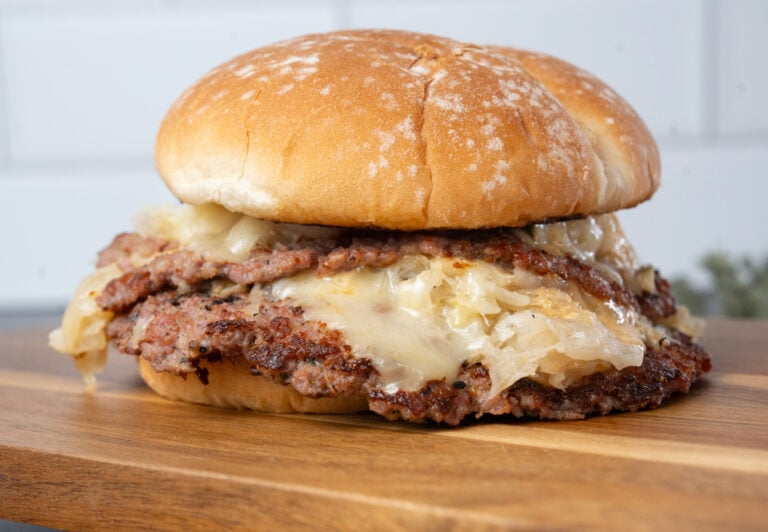 Reuben Smash Burger with Crispy Bacon and Sauerkraut - Dan-O's Seasoning